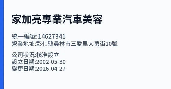 家加亮專業汽車美容的照片-統編 14627341(彰化縣) 公司登記資料與營業項目詳細圖表