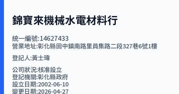錦寶來機械水電材料行的照片-統編 14627433(彰化縣) 公司登記資料與營業項目詳細圖表