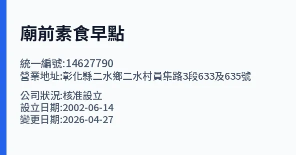 廟前素食早點的照片-統編 14627790(彰化縣) 公司登記資料與營業項目詳細圖表