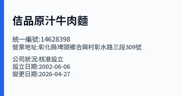 佶品原汁牛肉麵的照片-統編 14628398(彰化縣) 公司登記資料與營業項目詳細圖表