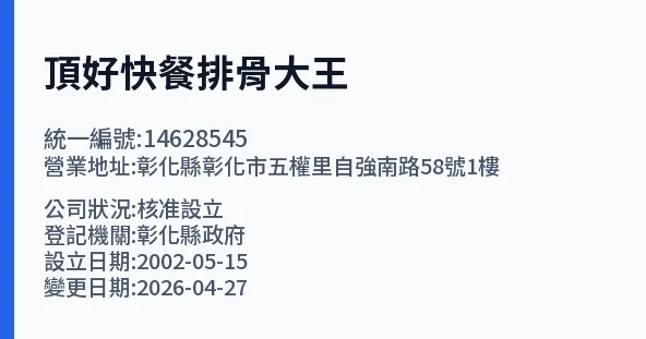頂好快餐排骨大王的照片-統編 14628545(彰化縣) 公司登記資料與營業項目詳細圖表