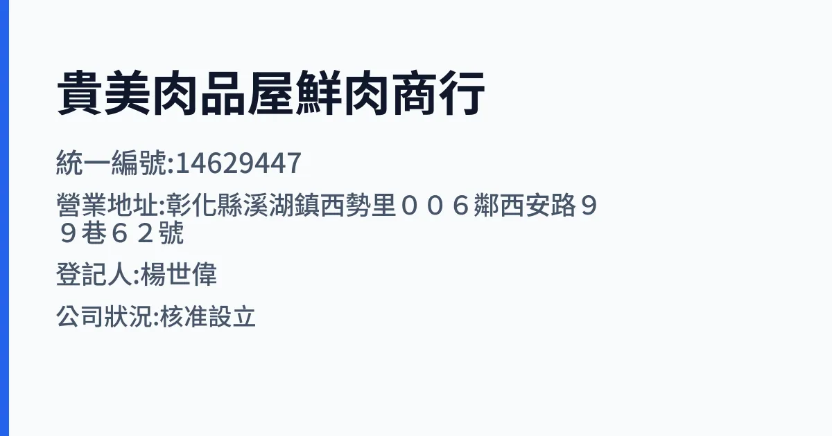貴美肉品屋鮮肉商行 - 統編 14629447(彰化縣) 公司登記資料與營業項目詳細圖表