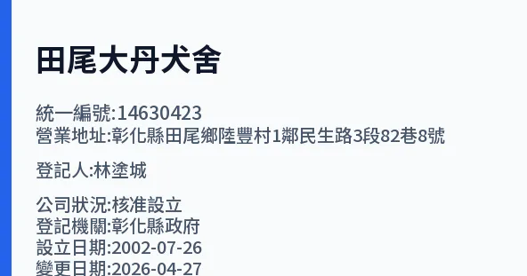 田尾大丹犬舍的照片-統編 14630423(彰化縣) 公司登記資料與營業項目詳細圖表