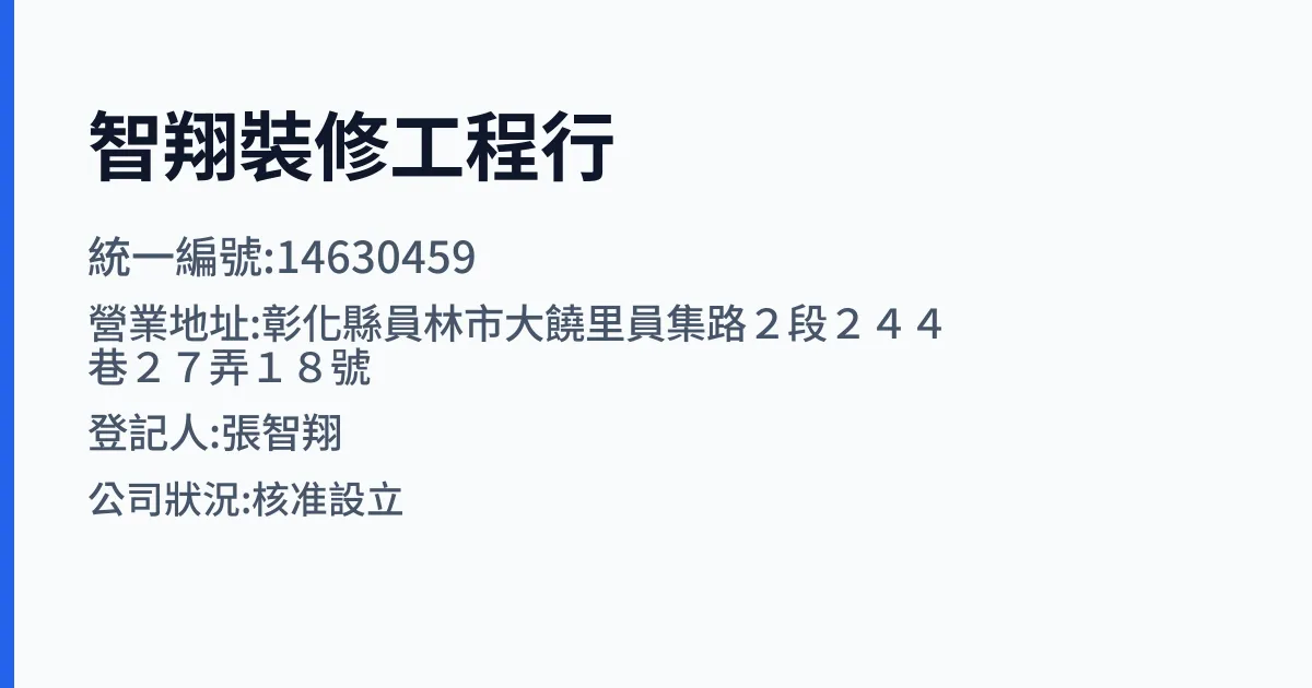 智翔裝修工程行 - 統編 14630459(彰化縣) 公司登記資料與營業項目詳細圖表