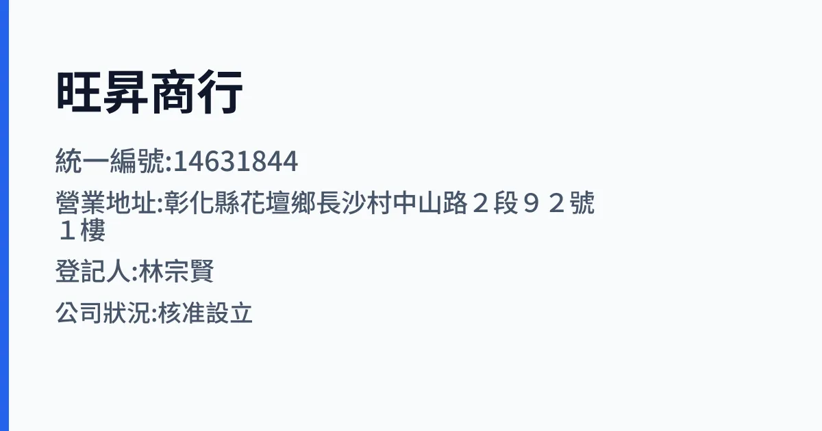 旺昇商行 - 統編 14631844(彰化縣) 公司登記資料與營業項目詳細圖表