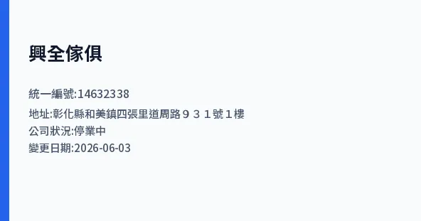 興全傢俱的照片-統編 14632338(彰化縣) 公司登記資料與營業項目詳細圖表