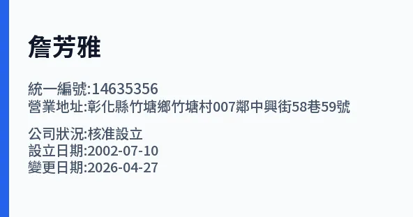 詹芳雅的照片-統編 14635356(彰化縣) 公司登記資料與營業項目詳細圖表