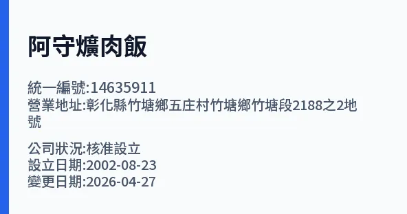 阿守爌肉飯的照片-統編 14635911(彰化縣) 公司登記資料與營業項目詳細圖表