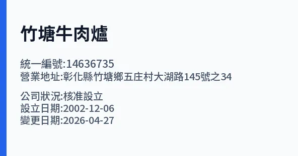 竹塘牛肉爐的照片-統編 14636735(彰化縣) 公司登記資料與營業項目詳細圖表