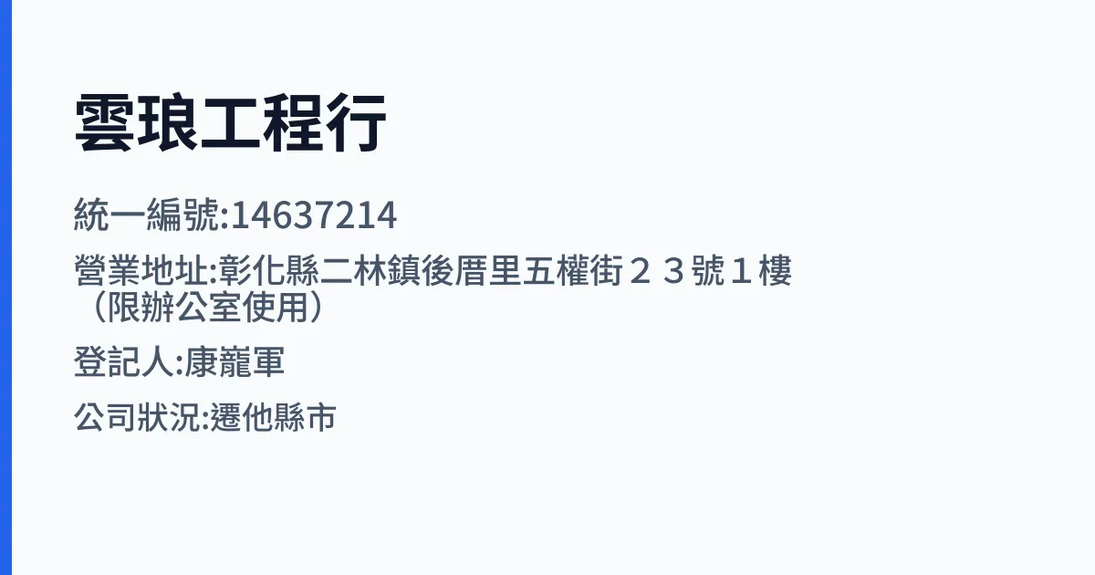 雲琅工程行 - 統編 14637214(臺中市) 公司登記資料與營業項目詳細圖表