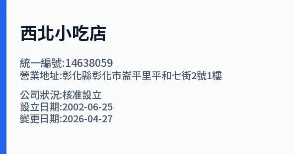 西北小吃店的照片-統編 14638059(彰化縣) 公司登記資料與營業項目詳細圖表