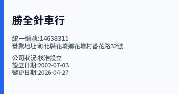 勝全針車行的照片-統編 14638311(彰化縣) 公司登記資料與營業項目詳細圖表