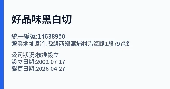 好品味黑白切的照片-統編 14638950(彰化縣) 公司登記資料與營業項目詳細圖表