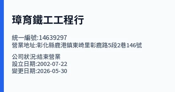 璋育鐵工工程行的照片-統編 14639297(彰化縣) 公司登記資料與營業項目詳細圖表