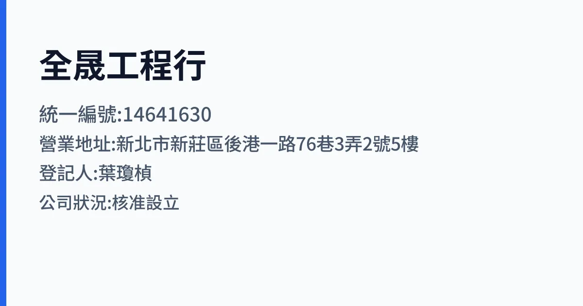 全晟工程行 - 統編 14641630(新北市) 公司登記資料與營業項目詳細圖表