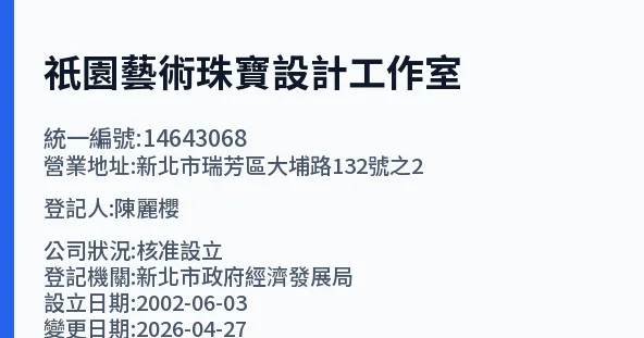 祇園藝術珠寶設計工作室的照片-統編 14643068(新北市) 公司登記資料與營業項目詳細圖表