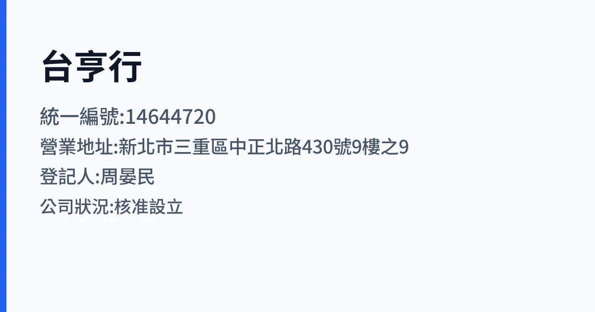台亨行 - 統編 14644720(臺北市) 公司登記資料與營業項目詳細圖表