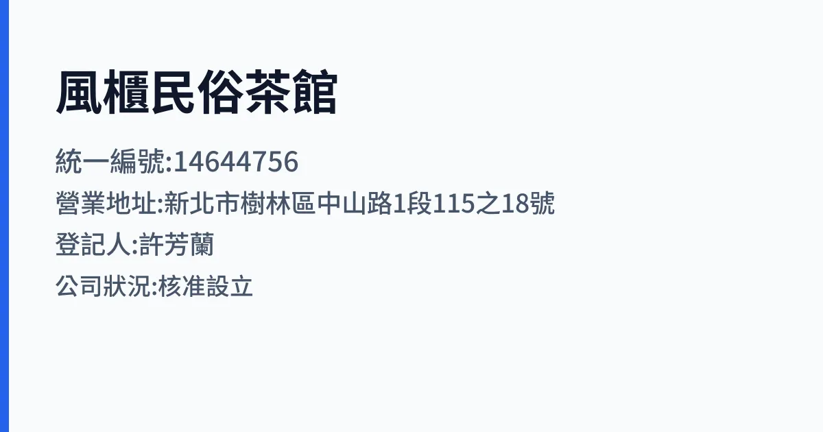 風櫃民俗茶館 - 統編 14644756(新北市) 公司登記資料與營業項目詳細圖表