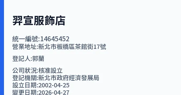 羿宣服飾店的照片-統編 14645452(新北市) 公司登記資料與營業項目詳細圖表