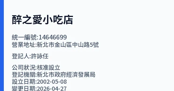醉之愛小吃店的照片-統編 14646699(新北市) 公司登記資料與營業項目詳細圖表