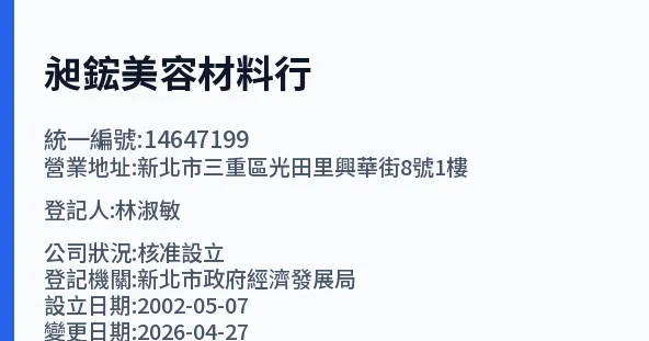 昶鋐美容材料行的照片-統編 14647199(新北市) 公司登記資料與營業項目詳細圖表