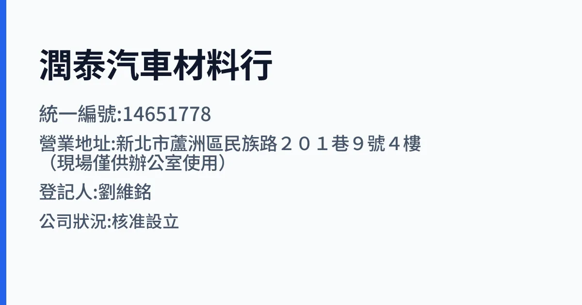 潤泰汽車材料行 - 統編 14651778(新北市) 公司登記資料與營業項目詳細圖表