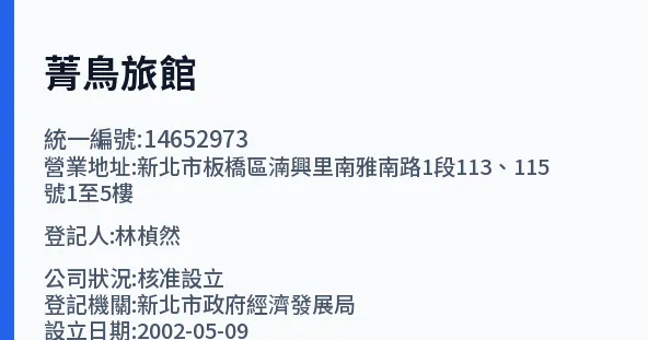 菁鳥旅館的照片-統編 14652973(新北市) 公司登記資料與營業項目詳細圖表