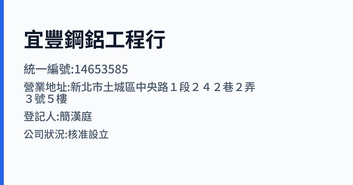 宜豐鋼鋁工程行 - 統編 14653585(新北市) 公司登記資料與營業項目詳細圖表