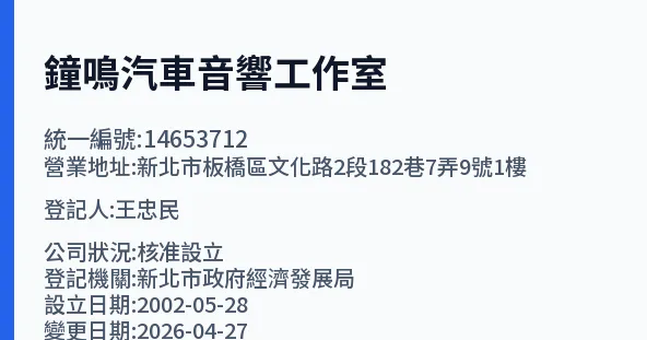 鐘鳴汽車音響工作室的照片-統編 14653712(新北市) 公司登記資料與營業項目詳細圖表