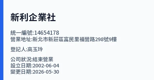 新利企業社的照片-統編 14654178(新北市) 公司登記資料與營業項目詳細圖表