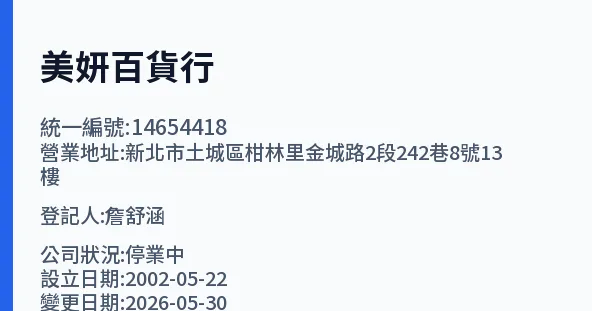 美妍百貨行的照片-統編 14654418(新北市) 公司登記資料與營業項目詳細圖表