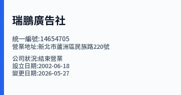 瑞鵬廣告社的照片-統編 14654705(新北市) 公司登記資料與營業項目詳細圖表