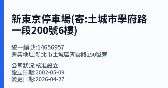 新東京停車場(寄:土城市學府路一段200號6樓)的照片-統編 14656957(新北市) 公司登記資料與營業項目詳細圖表