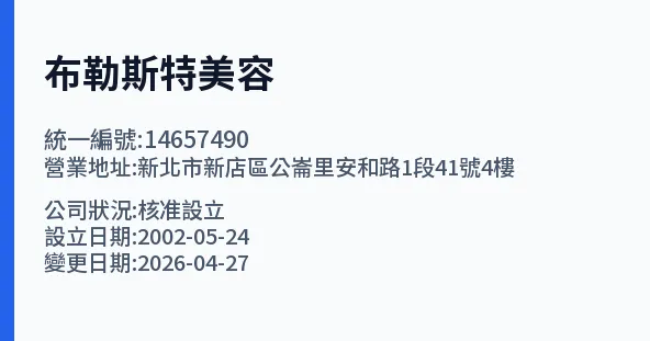 布勒斯特美容的照片-統編 14657490(新北市) 公司登記資料與營業項目詳細圖表