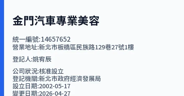 金門汽車專業美容的照片-統編 14657652(新北市) 公司登記資料與營業項目詳細圖表