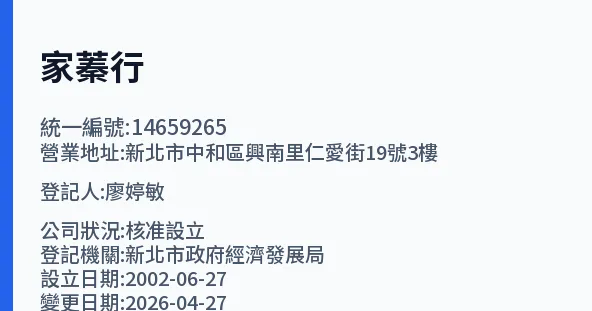 家蓁行的照片-統編 14659265(新北市) 公司登記資料與營業項目詳細圖表