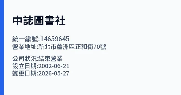中誌圖書社的照片-統編 14659645(新北市) 公司登記資料與營業項目詳細圖表
