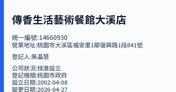 傳香生活藝術餐館大溪店的照片-統編 14660930(桃園市) 公司登記資料與營業項目詳細圖表