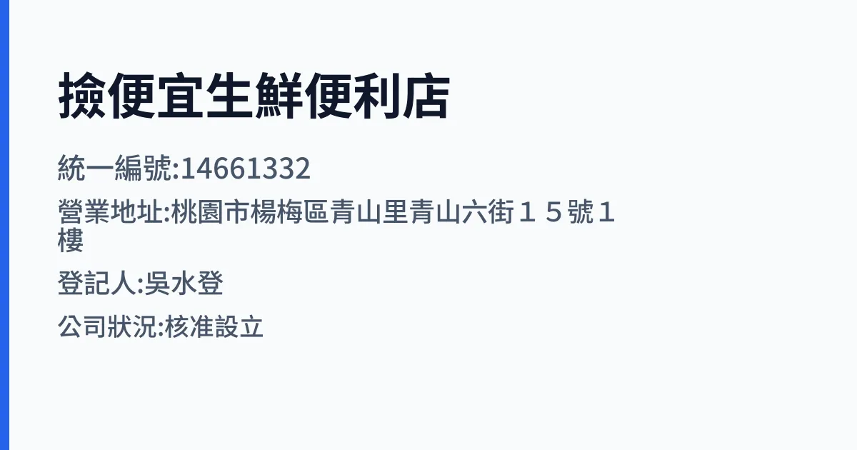 撿便宜生鮮便利店 - 統編 14661332(桃園市) 公司登記資料與營業項目詳細圖表
