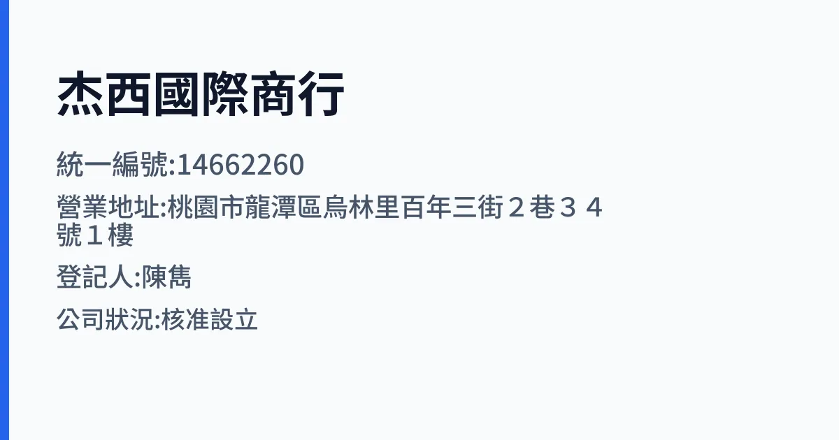 杰西國際商行 - 統編 14662260(桃園市) 公司登記資料與營業項目詳細圖表