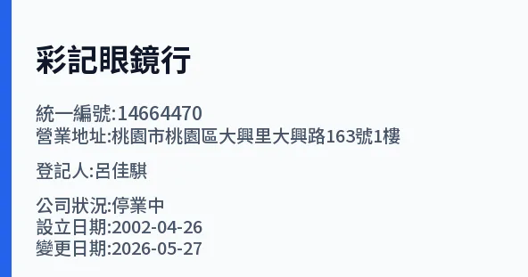 彩記眼鏡行的照片-統編 14664470(桃園市) 公司登記資料與營業項目詳細圖表