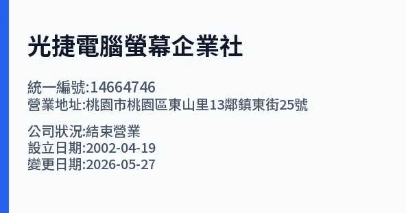 光捷電腦螢幕企業社的照片-統編 14664746(桃園市) 公司登記資料與營業項目詳細圖表