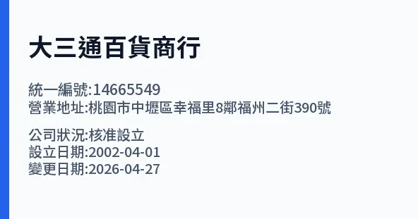 大三通百貨商行的照片-統編 14665549(桃園市) 公司登記資料與營業項目詳細圖表
