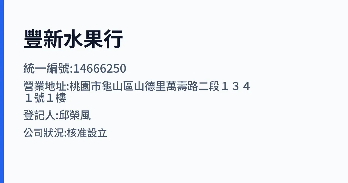 豐新水果行 - 統編 14666250(桃園市) 公司登記資料與營業項目詳細圖表
