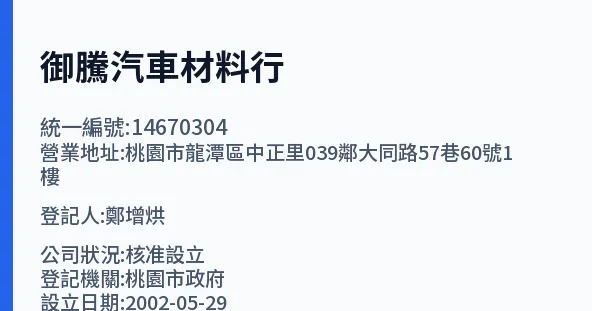 御騰汽車材料行的照片-統編 14670304(桃園市) 公司登記資料與營業項目詳細圖表