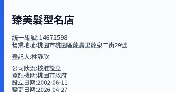 臻美髮型名店的照片-統編 14672598(桃園市) 公司登記資料與營業項目詳細圖表