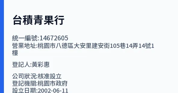 台積青果行的照片-統編 14672605(桃園市) 公司登記資料與營業項目詳細圖表