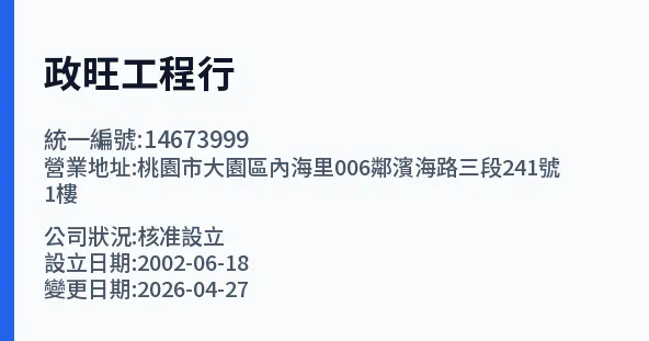 政旺工程行的照片-統編 14673999(桃園市) 公司登記資料與營業項目詳細圖表