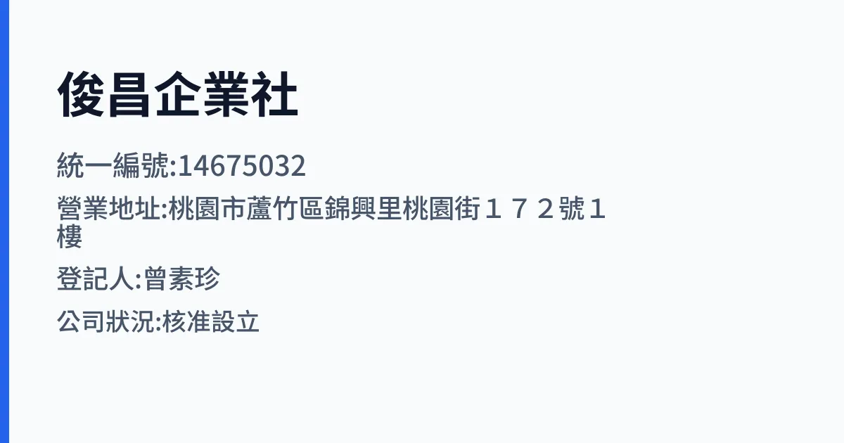 俊昌企業社 - 統編 14675032(桃園市) 公司登記資料與營業項目詳細圖表