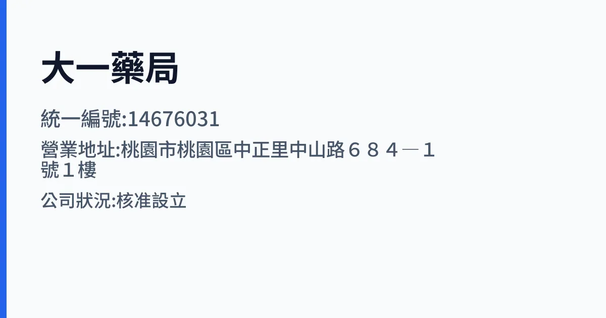 大一藥局 - 統編 14676031(桃園市) 公司登記資料與營業項目詳細圖表